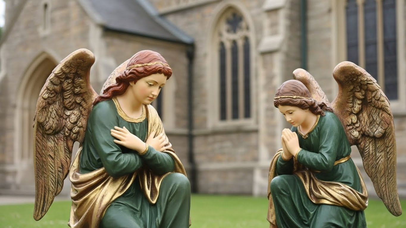Load image into Gallery viewer, Two angel statues in front of a church