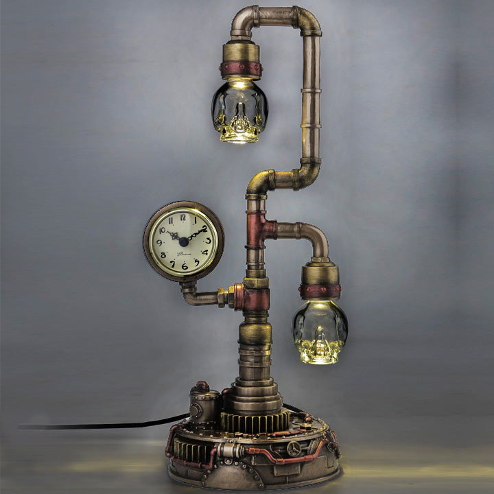 Steampunk Pipework Clock Stand With Skull Bulb (Led) | XoticBrands Home ...